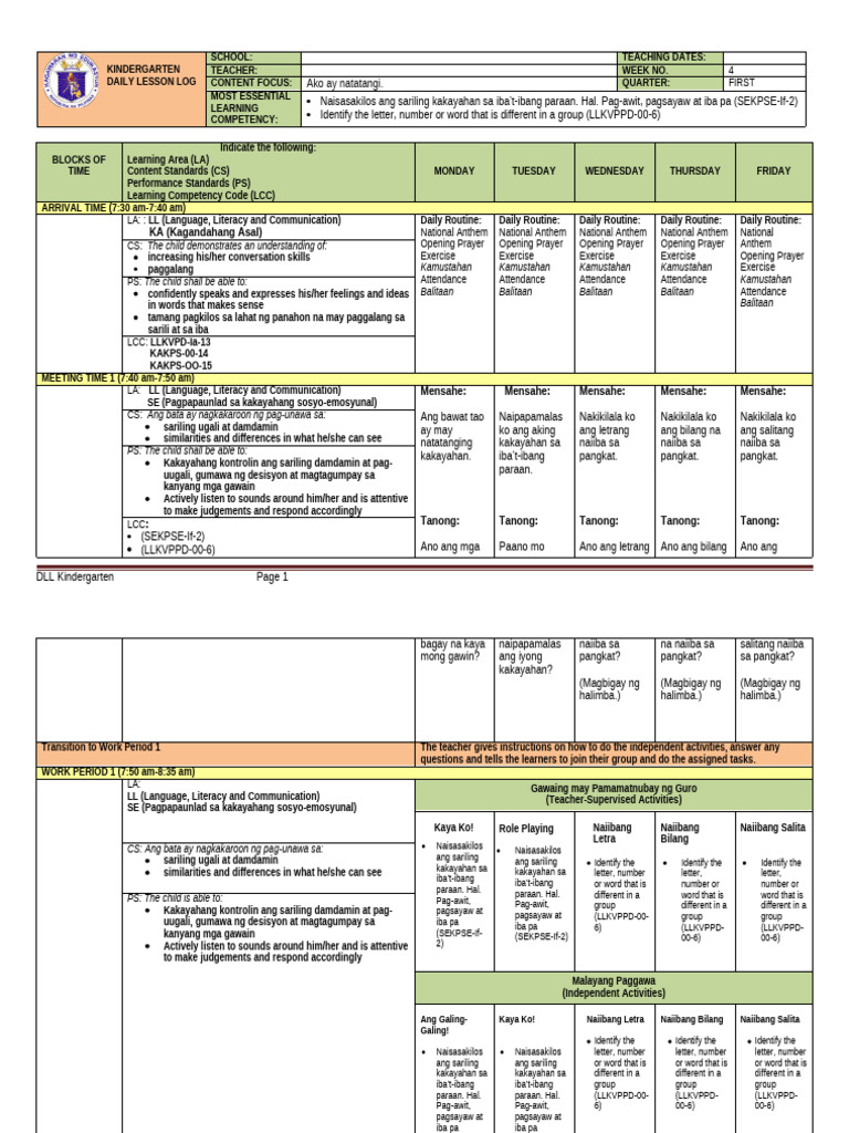 Kindergarten Daily Lesson Plan | PDF | Learning | Human Communication