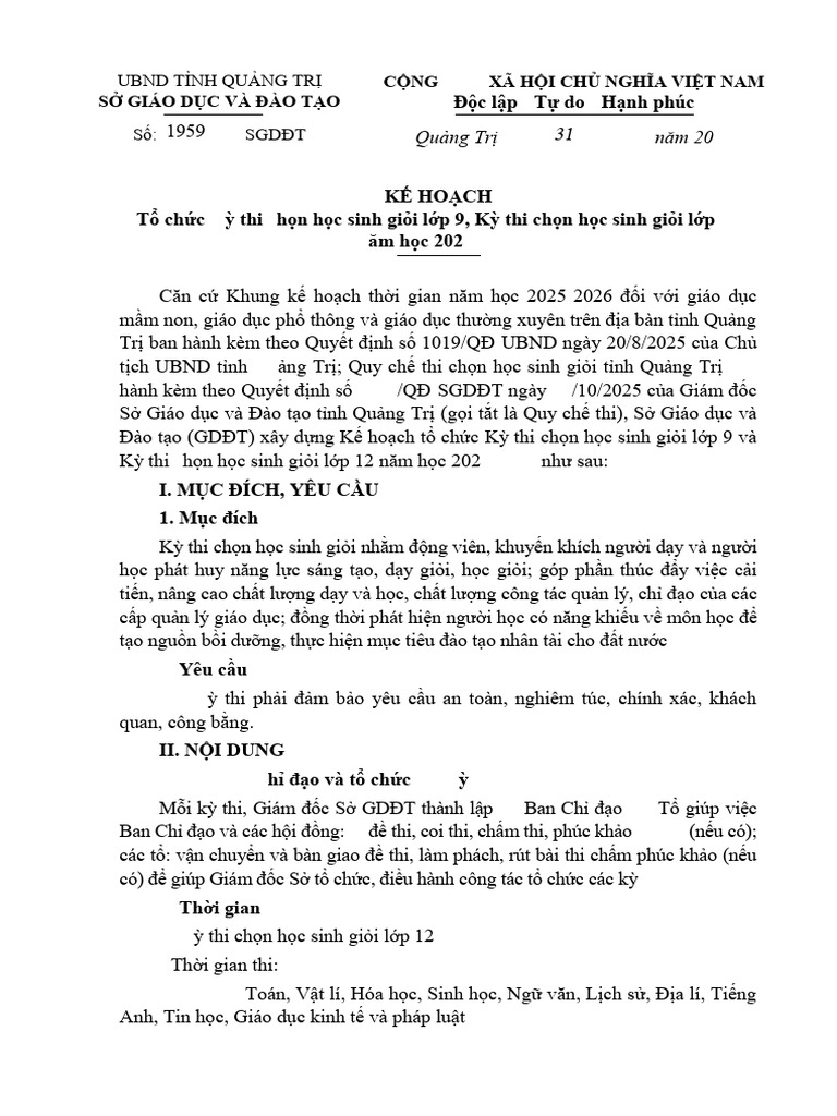 KH 1959 - Ke Hoach To Chuc Cac Ky Thi Chon HSG Nam Hoc 2025-2026 | PDF