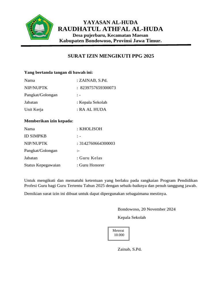Surat Izin PPG 2025 untuk Kholisoh | PDF
