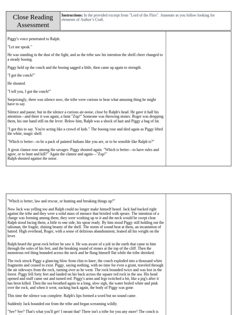 11. LOTF AP Close Read (Chapter 11 - Piggy death) | PDF