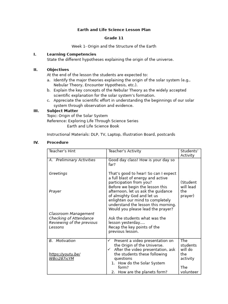 Lesson Plan On Earth and Life Science D2 | PDF | Planets | Solar System