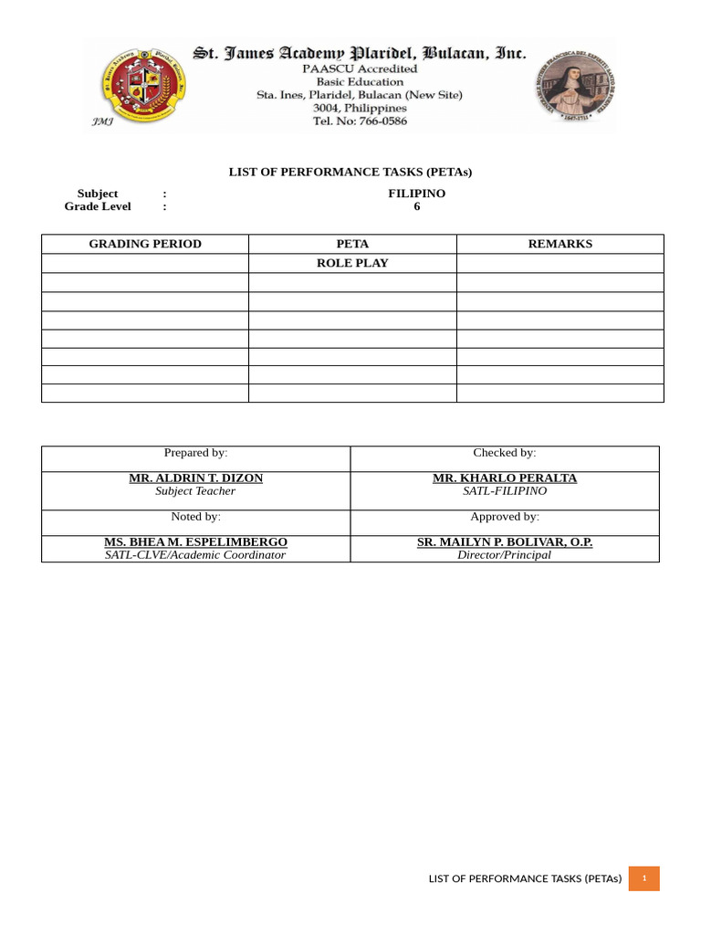 List of Performance Tasks Template | PDF