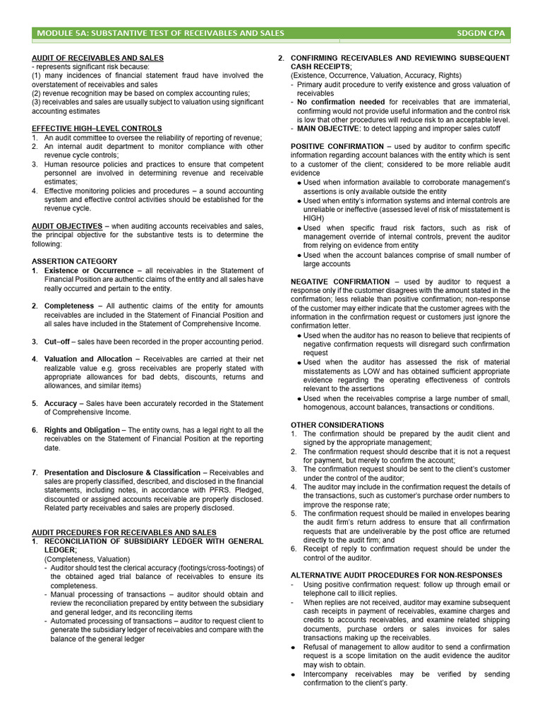 Audit Procedures for Receivables & Sales | PDF | Audit | Financial Audit