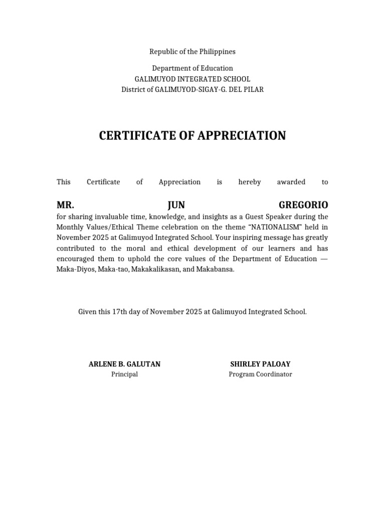 Certificate of Appreciation for Guest Speaker | PDF