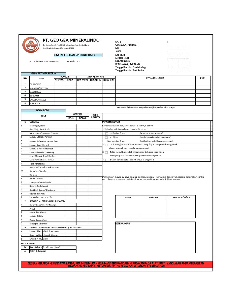 Prosedur P2H dan Keselamatan Kerja | PDF