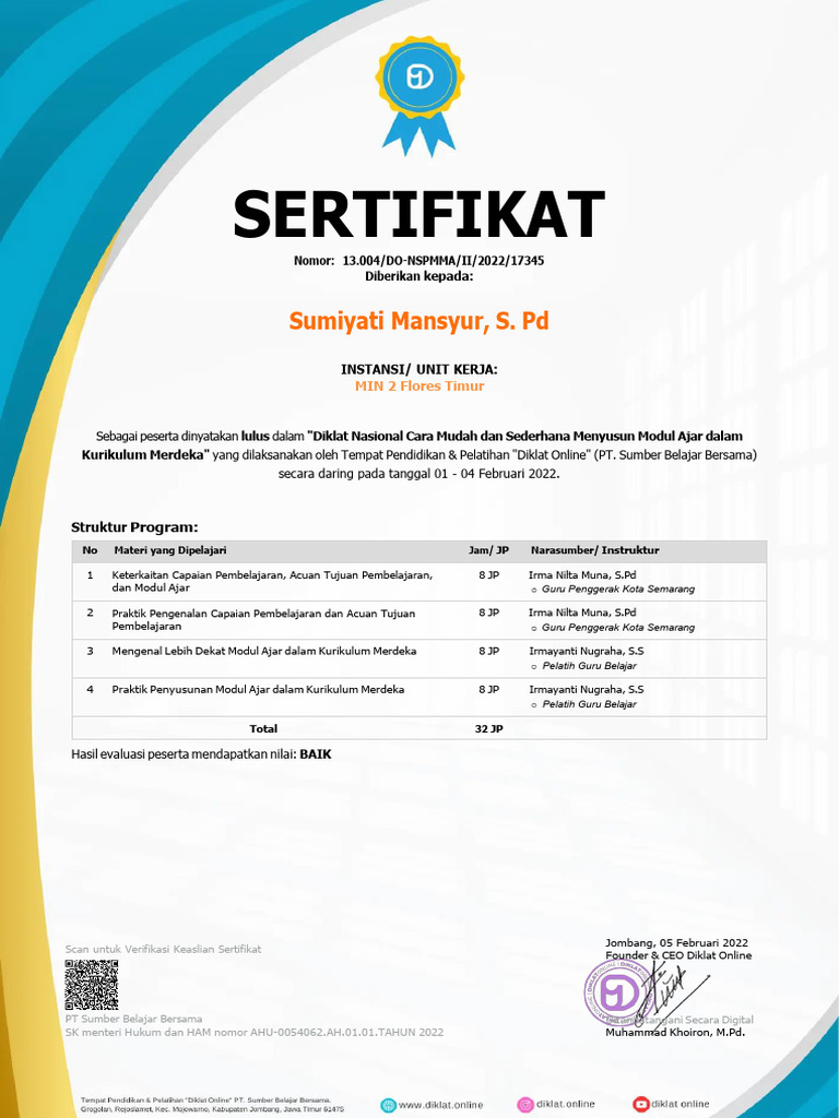 Sertifikat Diklat Modul Ajar Kurikulum Merdeka | PDF