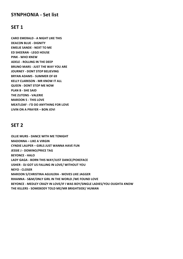Synphonia Concert Set List Overview | PDF
