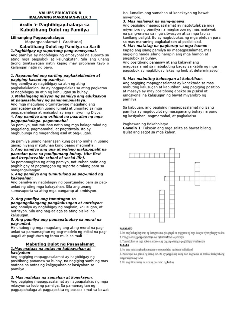 1 VE 8 Q2 Aralin 3 Pagbibigay Halaga Sa Kabutihang Dulot NG Pamilya | PDF