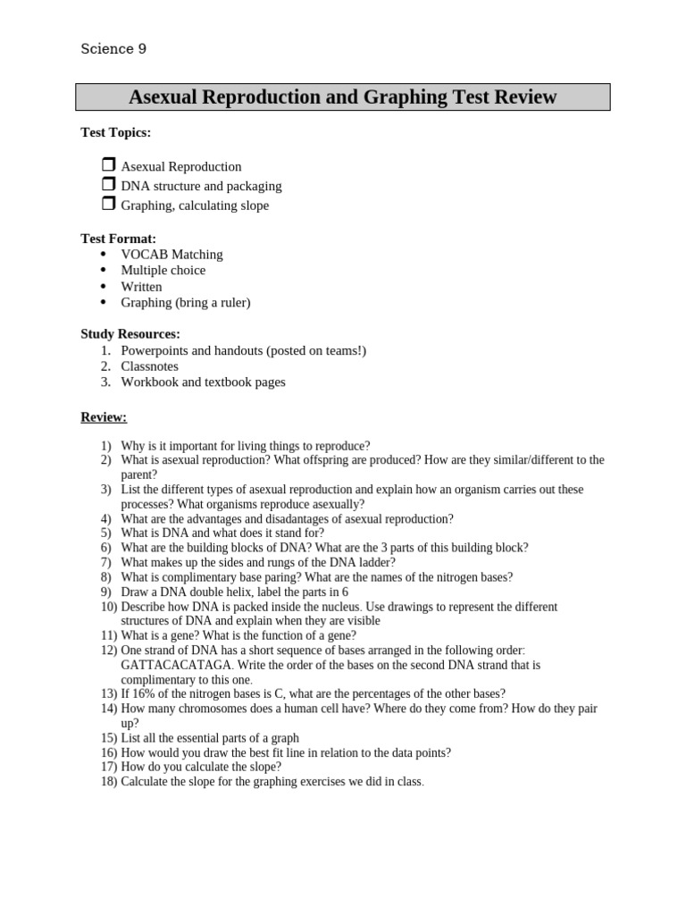 Asexual Reproduction and Graphing Test Review | PDF