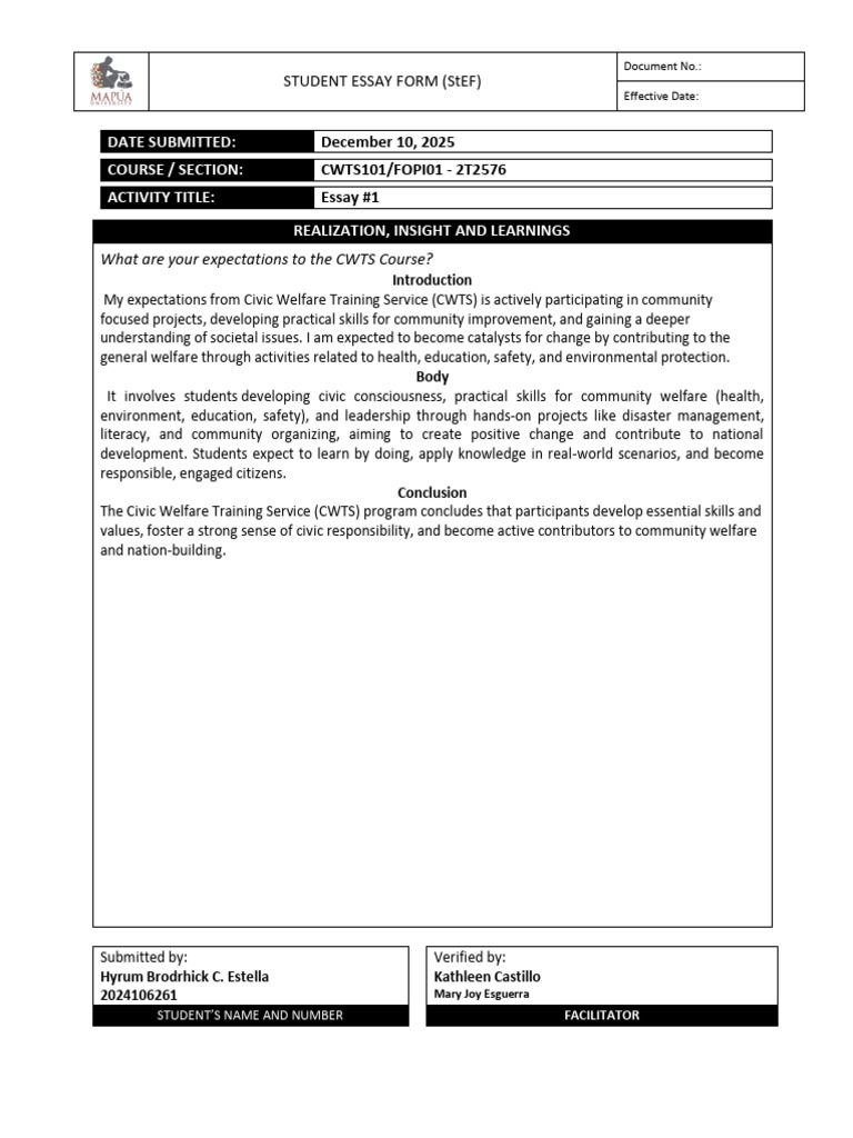 01 CWTS001 StEF Mapua CWTS | PDF