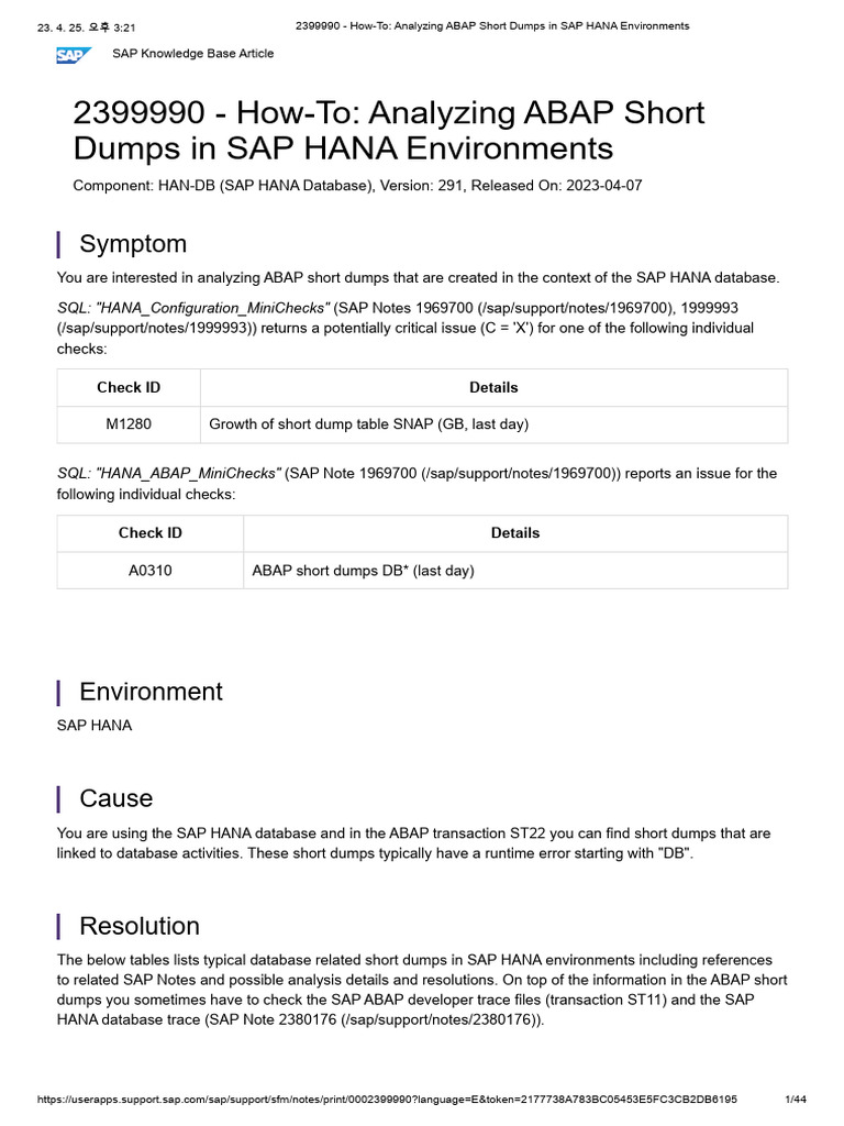 2399990 - How-To_ Analyzing ABAP Short Dumps in SAP HANA Environments | PDF | Database ...
