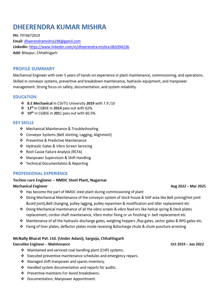 Dheerendra Kumar Mishra Resume New | PDF