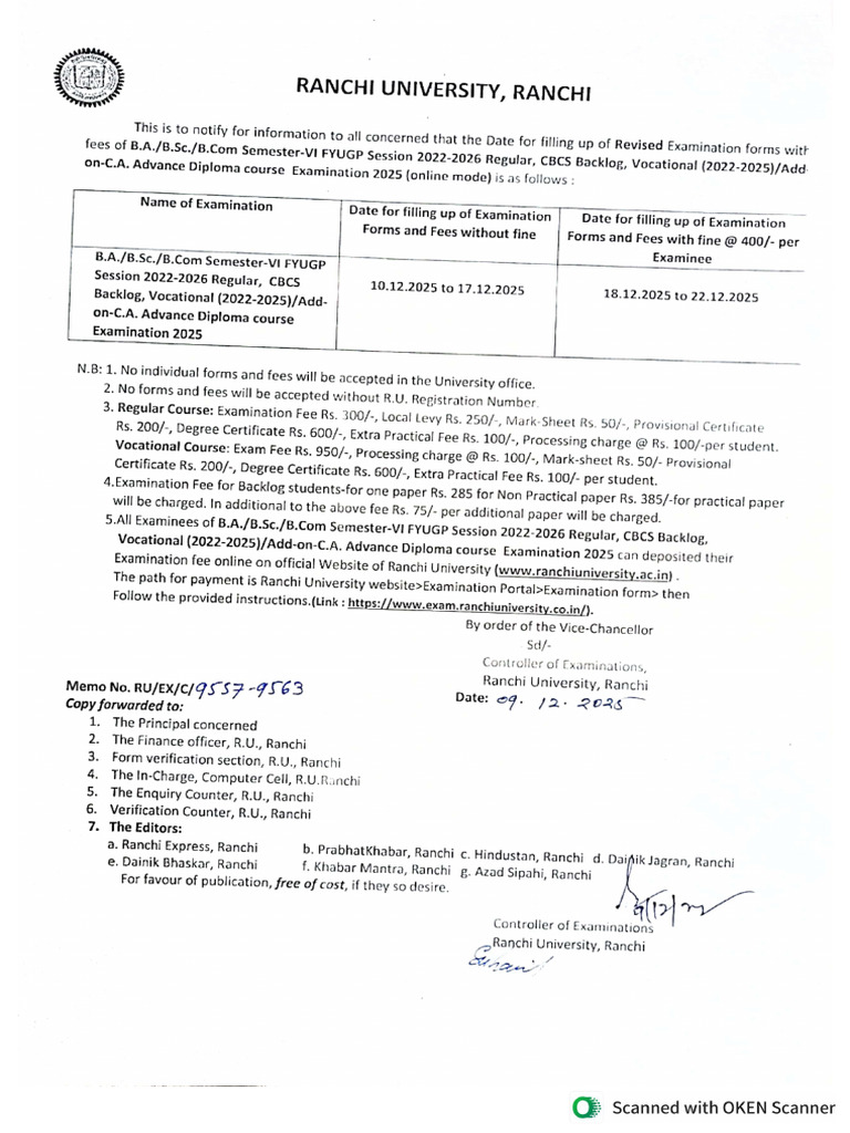 NoticeRevised Examination Forms With Fees of B.a.,B.sc.,B.com. Semester ...