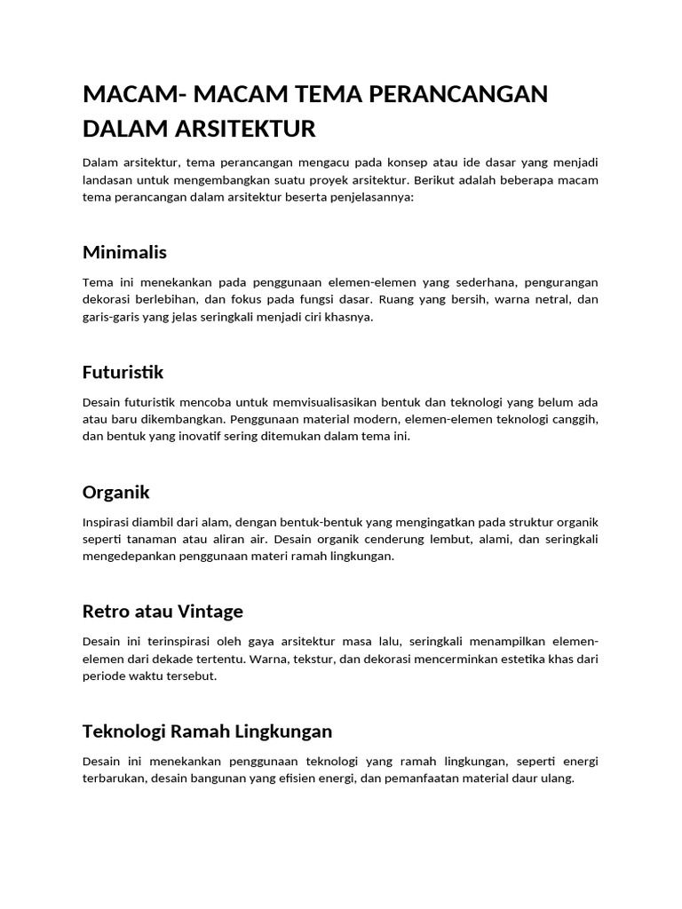 Macam-macam Tema Perancangan Arsitektur | PDF