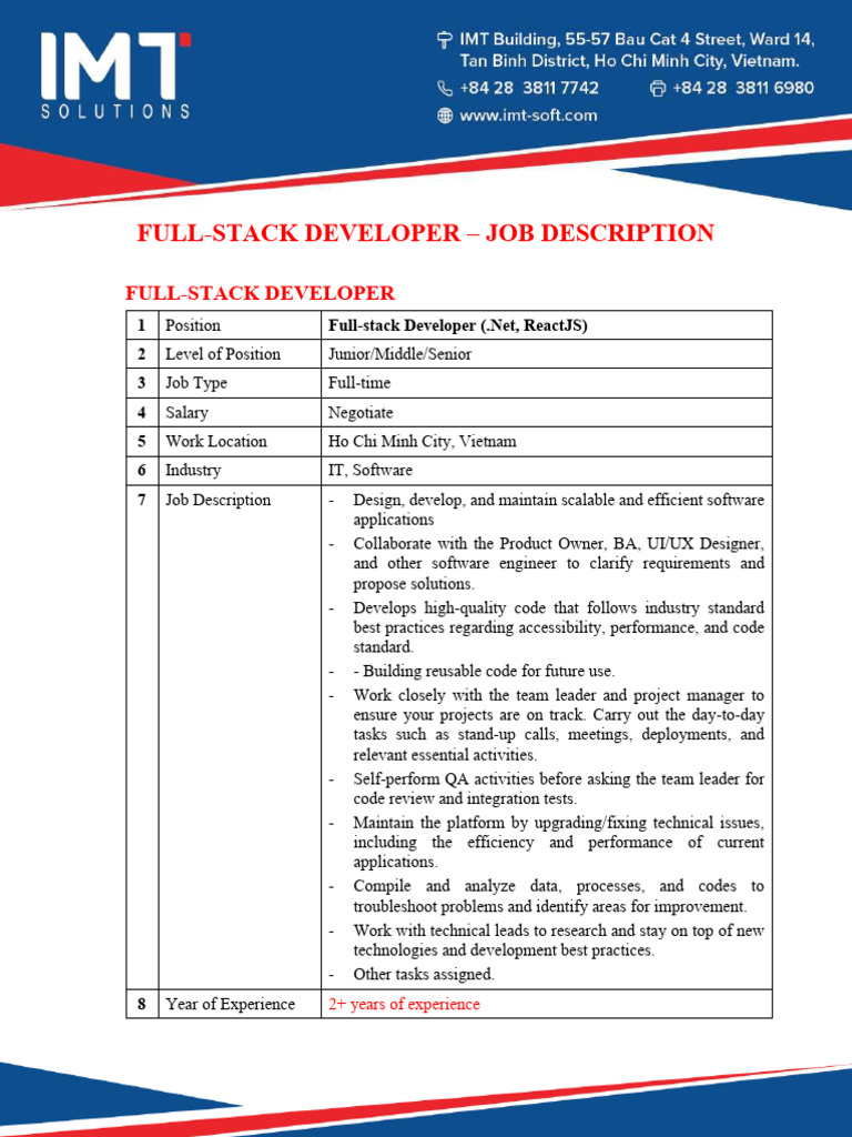 JD Fullstack Developer (.Net,ReactJS) | PDF | Software Development ...
