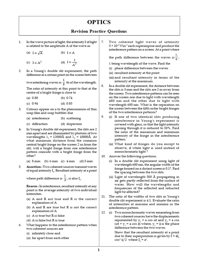 Optics - Revision Practice Questionsghhhiii | PDF | Wavelength | Light
