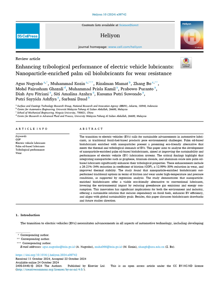 Nanoparticle Palm Oil Biolubricants for EVs | PDF | Lubricant | Friction