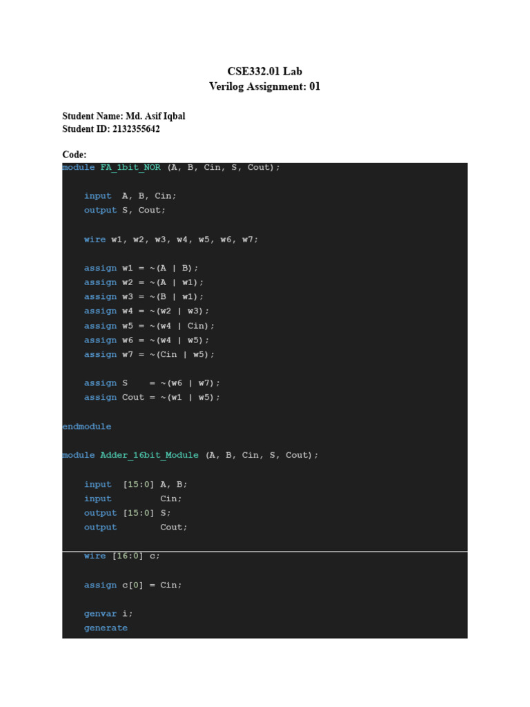 Verilog 16-bit Adder Implementation | PDF