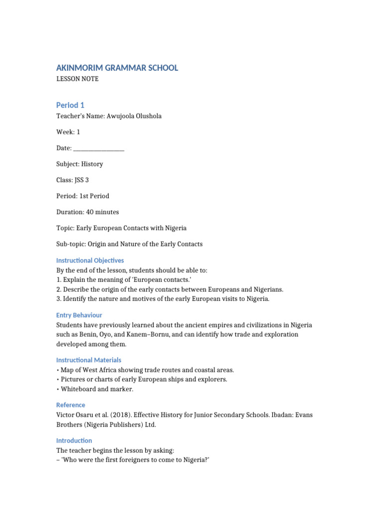 JSS3 History Lesson Note Week1 | PDF | Nigeria | West Africa