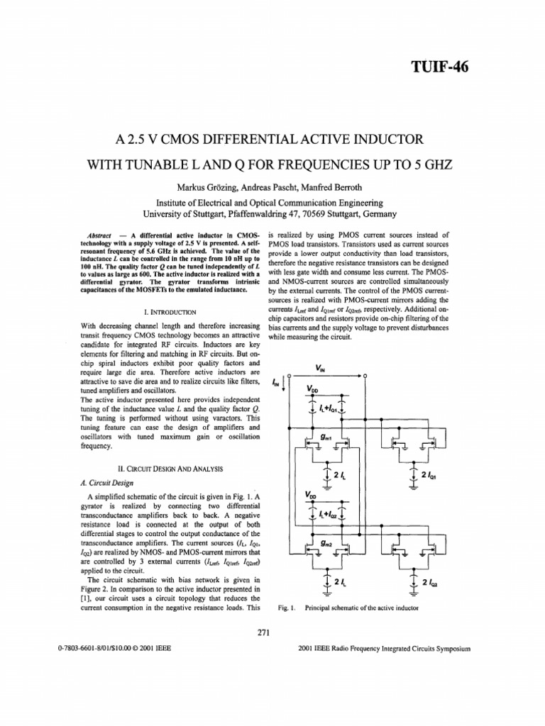 A 2.5 v CMOS Differential Active Inductor With Tunable L and Q for ...