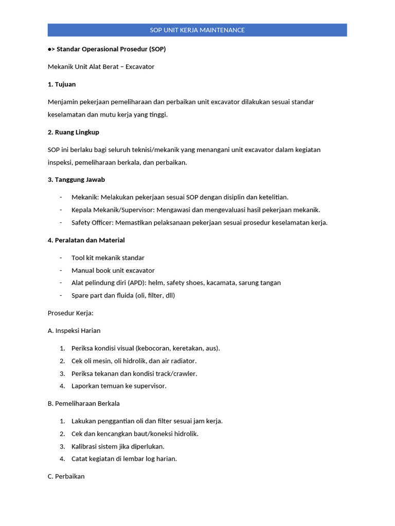 SOP Unit Kerja Alat Berat | PDF