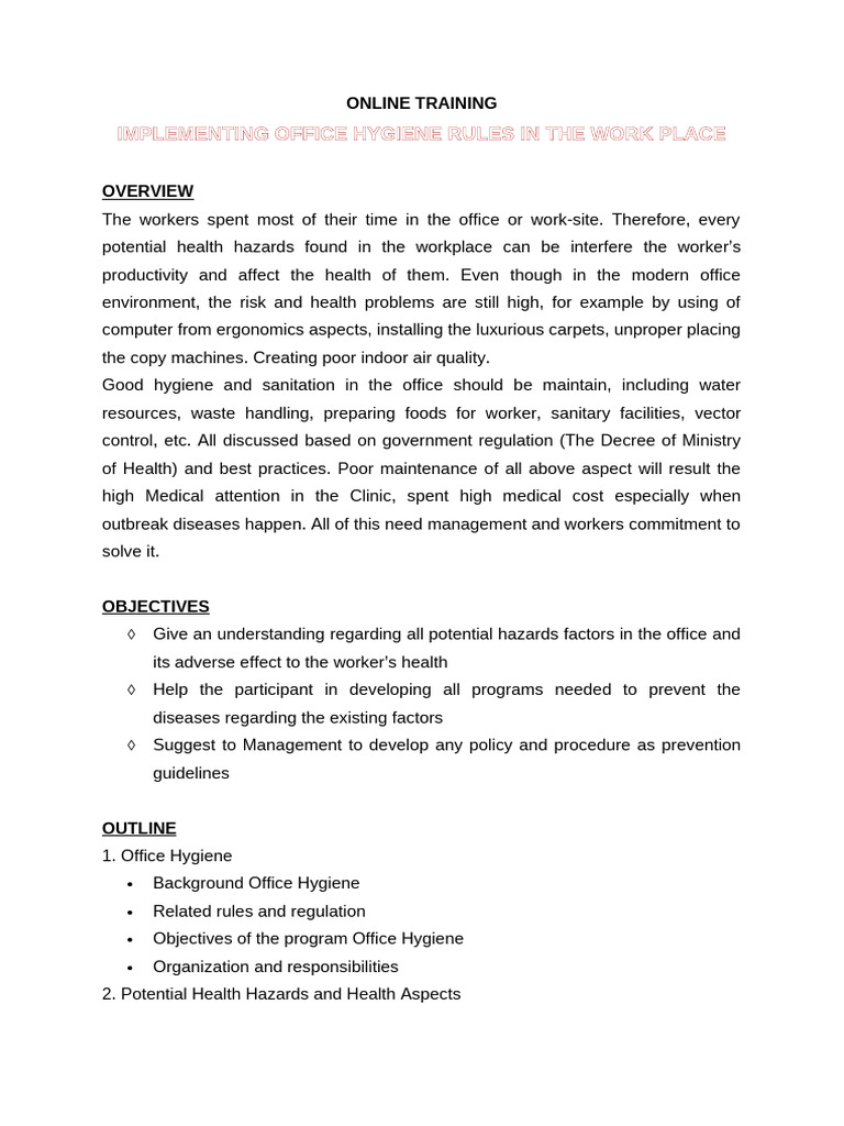 Office Hygiene Training for Workplace Safety | PDF | Hygiene | Hazards
