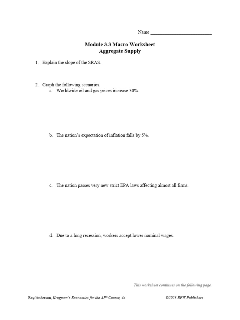 Aggregate Supply Macro Worksheet | PDF | Economics | Inflation