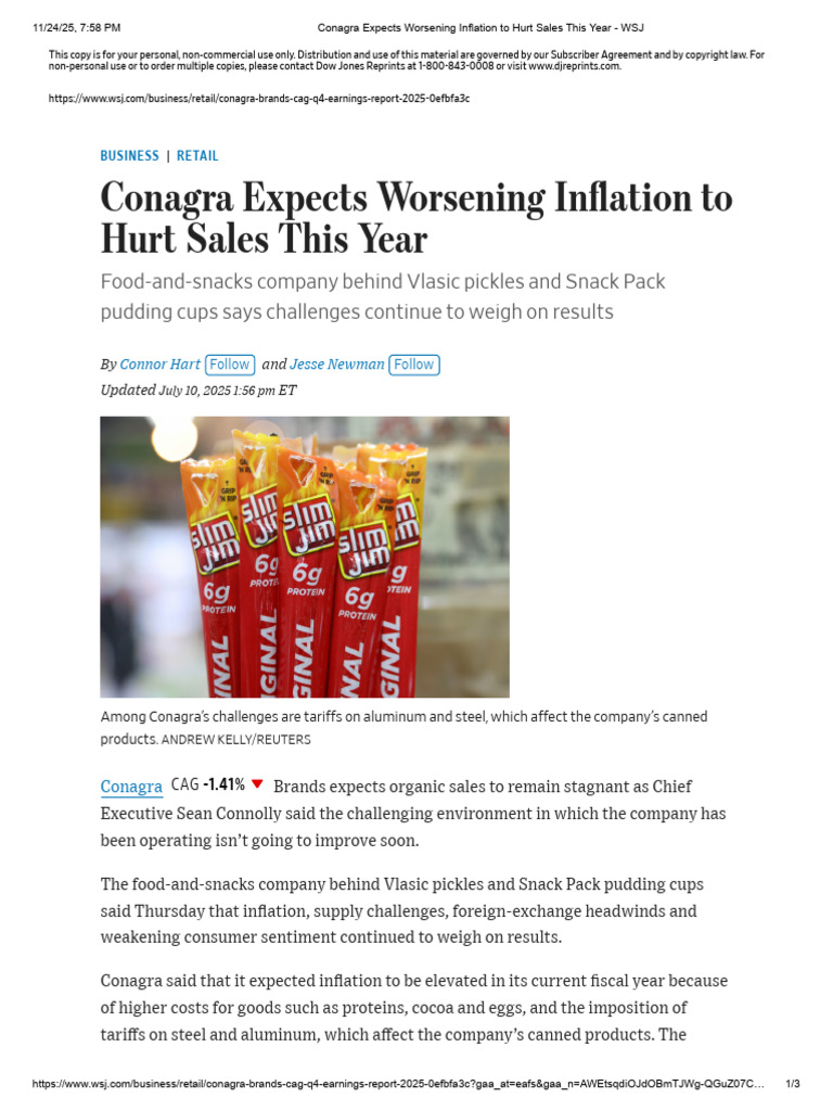Conagra Expects Worsening Inflation to Hurt Sales This Year - WSJ | PDF ...