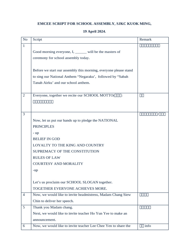 Emcee Script for School Assembly 2024 | PDF