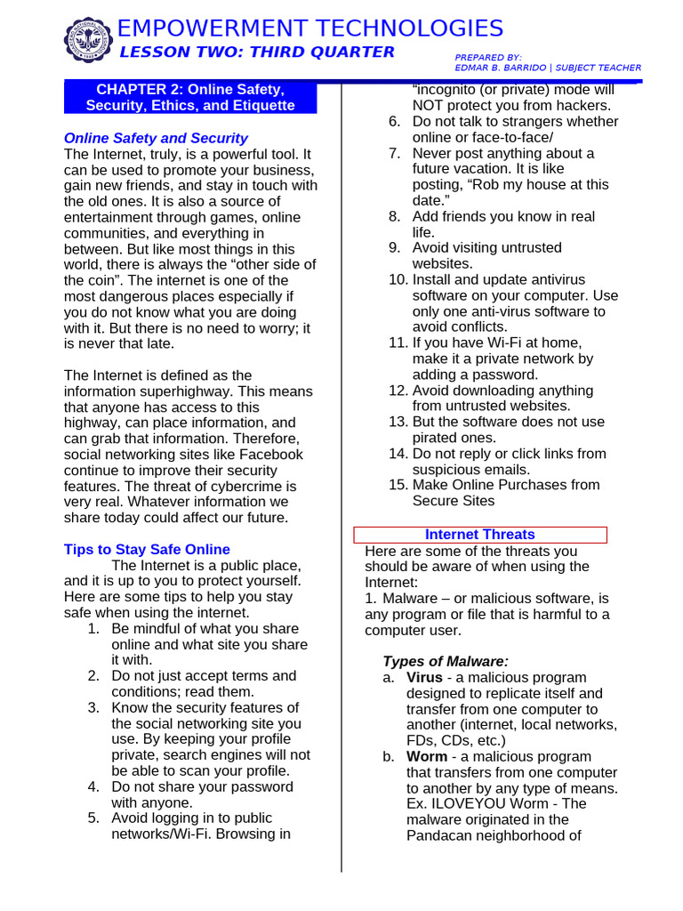 Lesson 2 Quarter 3 Notes Emtech | PDF | Malware | Crime Prevention