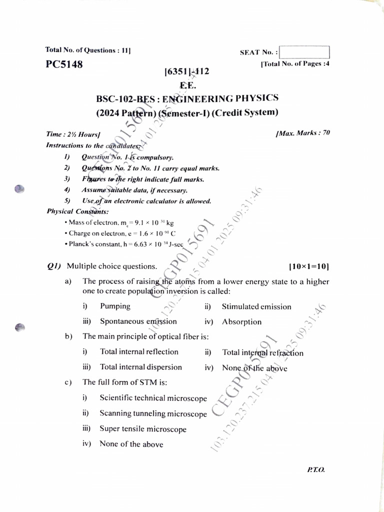 Engg - Physics Sem 1 2024 Pattern | PDF | Optical Fiber | Waves