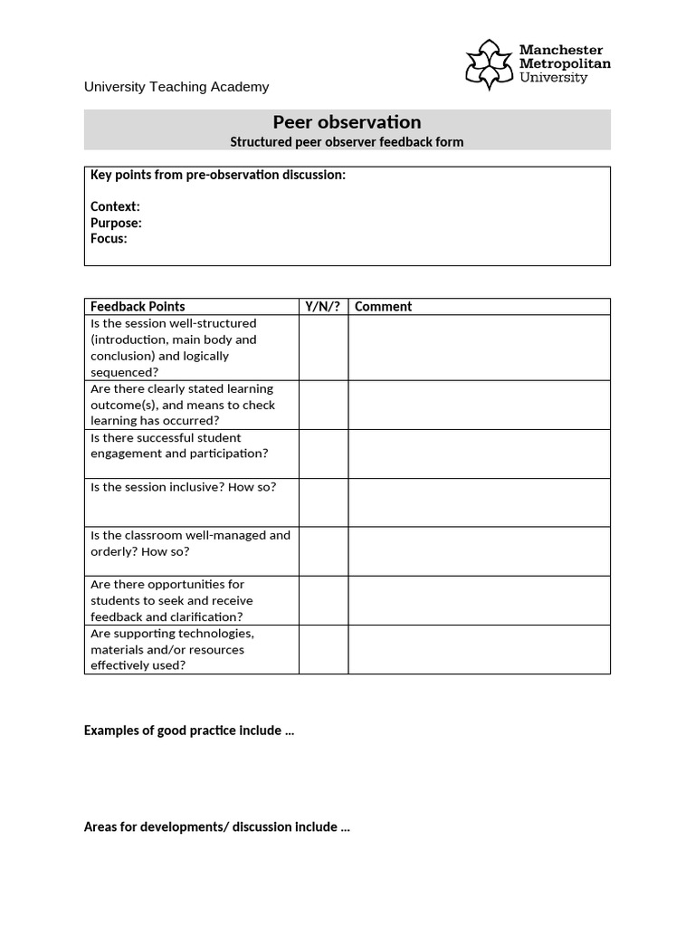 Peer Observation Feedback Form Guide | PDF