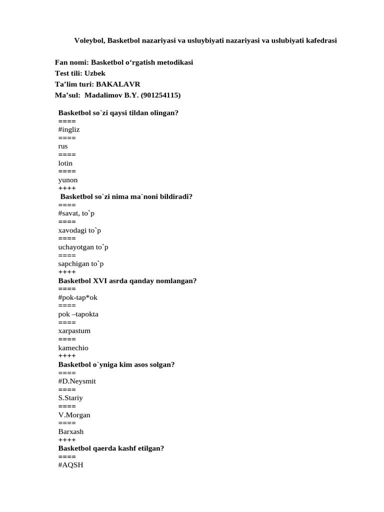 Test BO'M 1-Kurs O'zb +200 | PDF