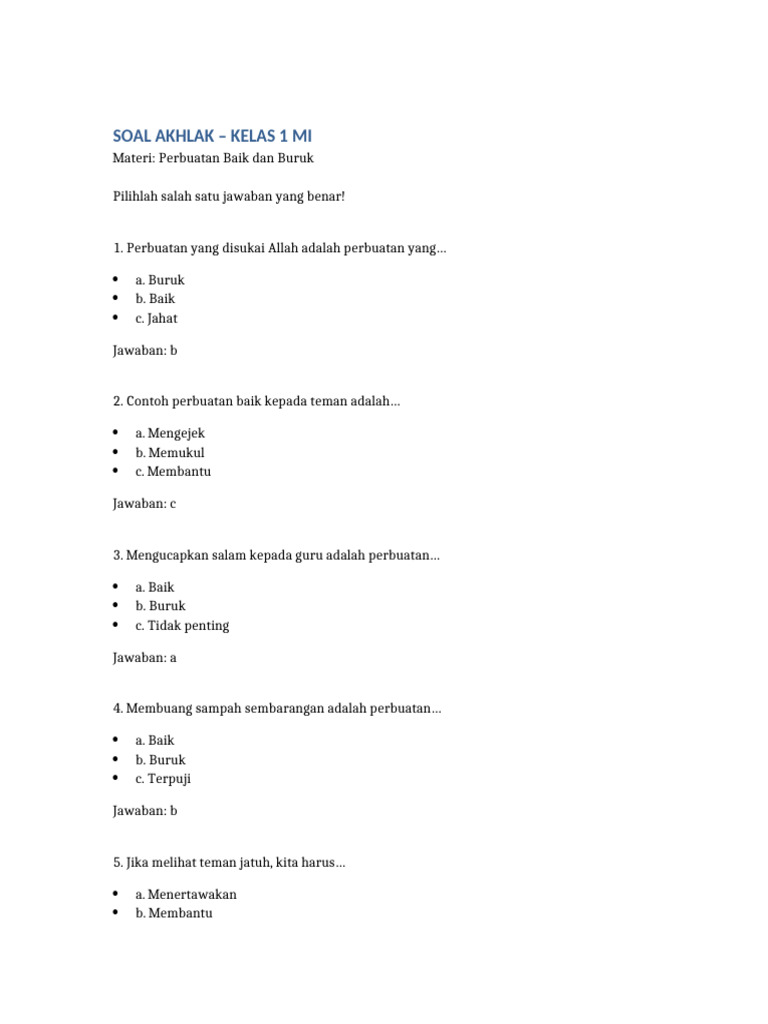 Soal Akhlak Kelas 1: Baik vs Buruk | PDF