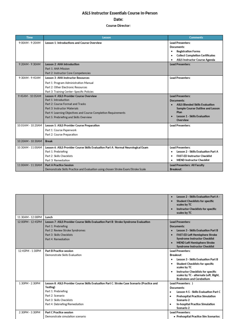 ASLS IE in-Person Course Agenda Sample | PDF