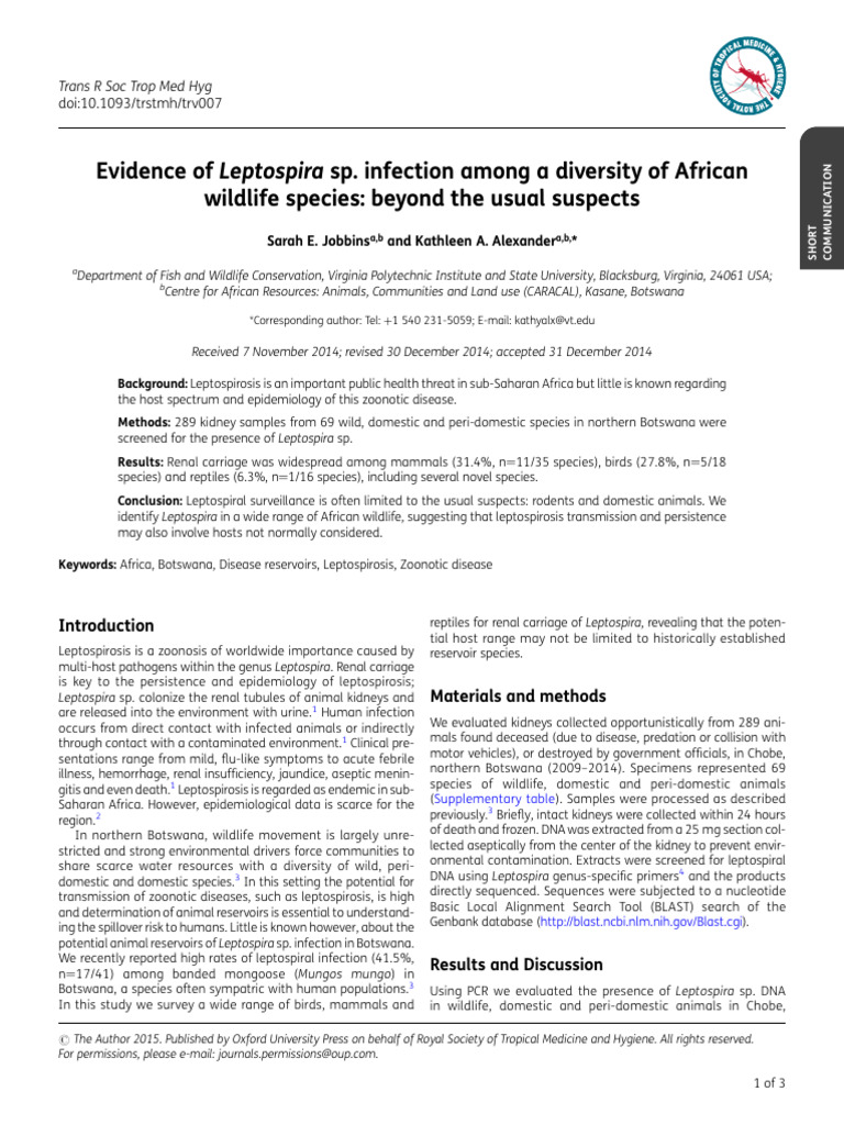 2015 - Evidence of Leptospira Sp. Infection Among A Diversity of ...
