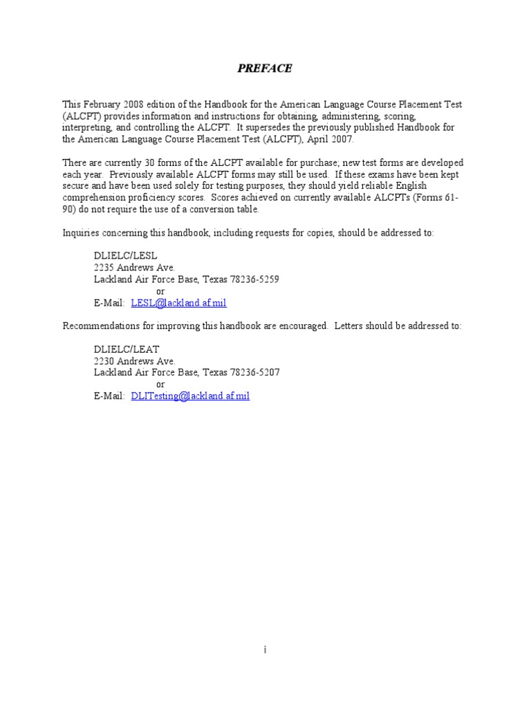 ALCPT Handbook | PDF | Multiple Choice | Tests