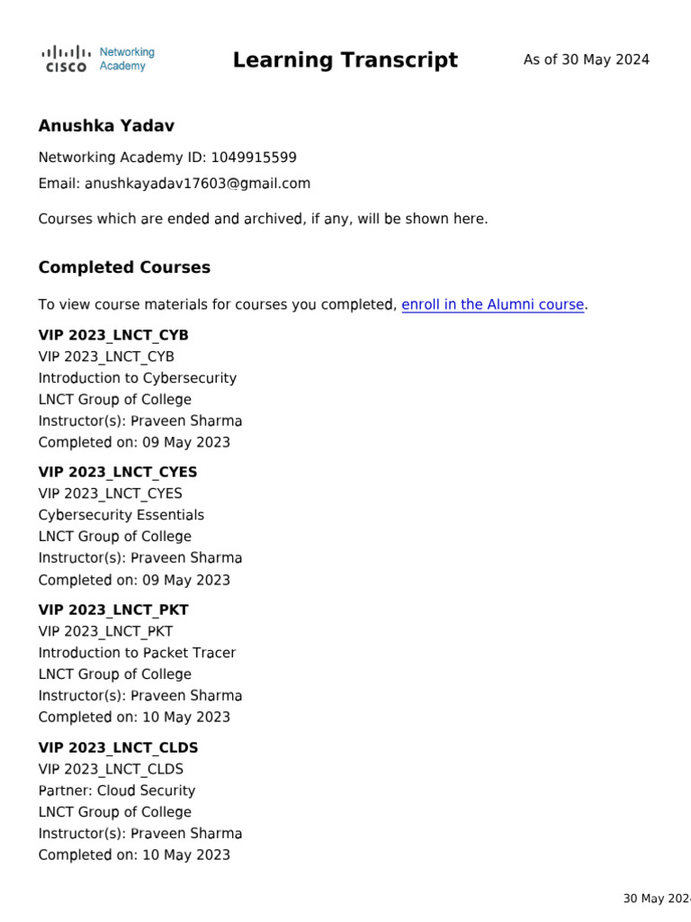 NetAcad Learning Transcript | PDF