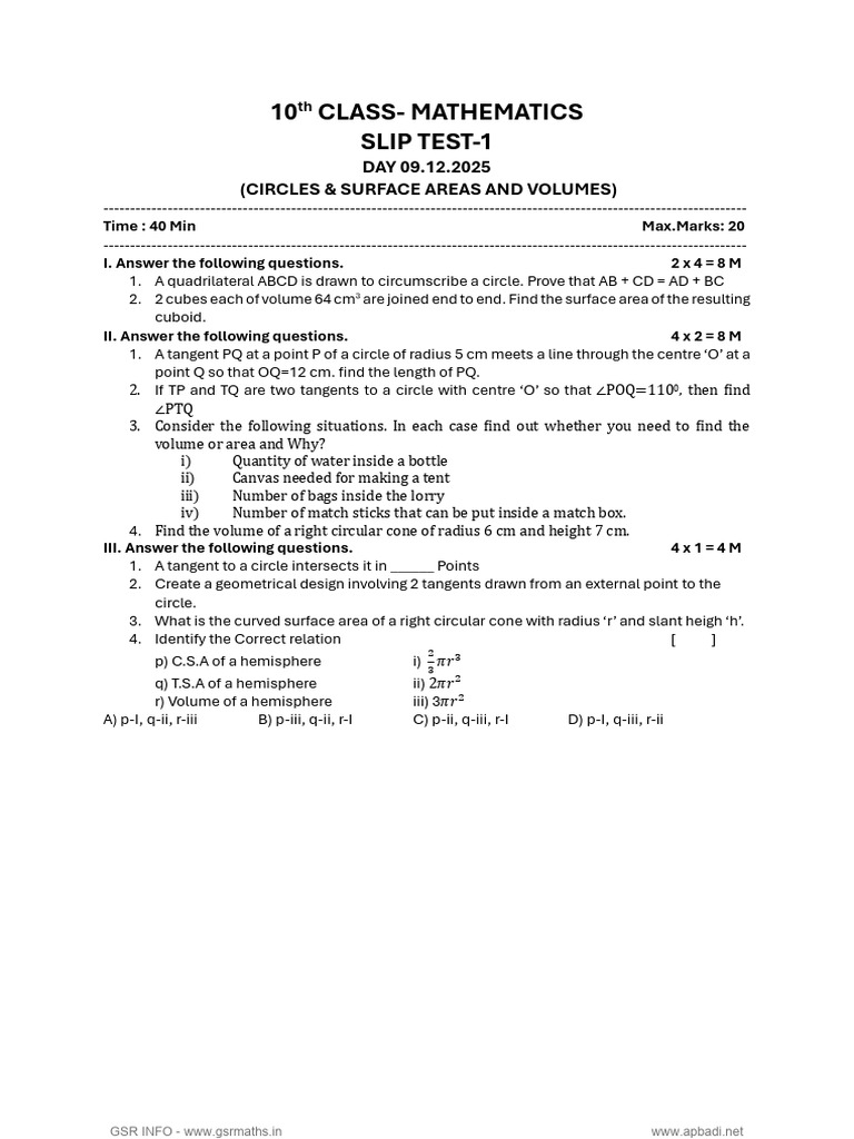 10th Class Math Slip Test: Circles & Volumes | PDF | Circle | Sphere