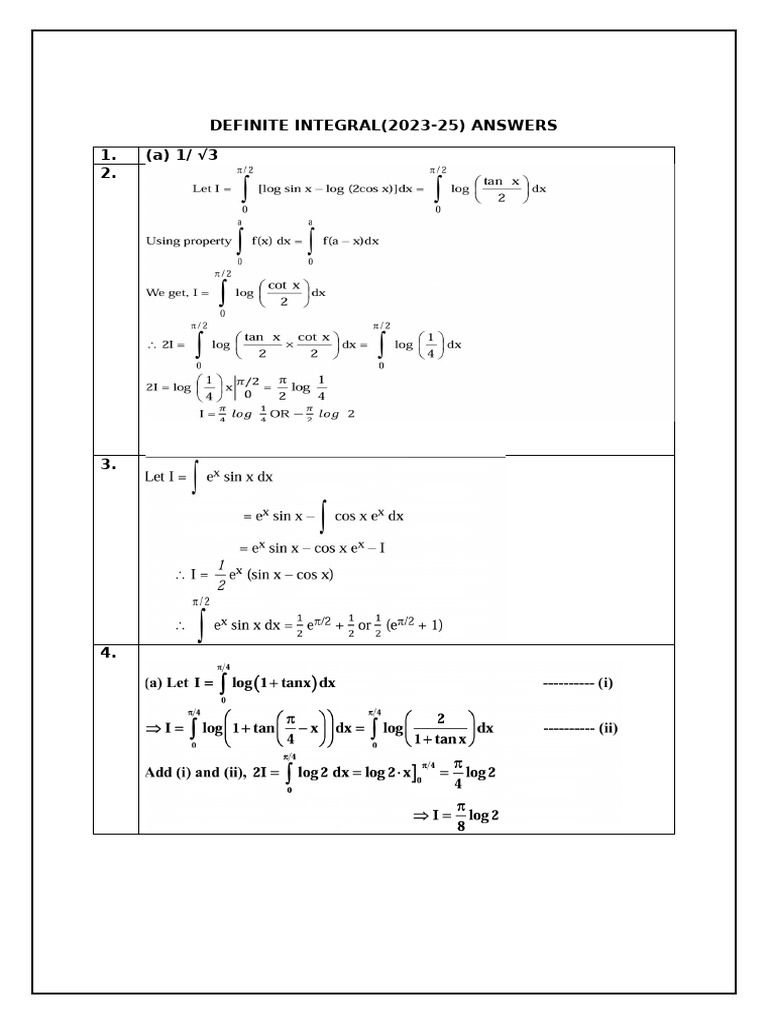 Definite Integral - Board Answers | PDF