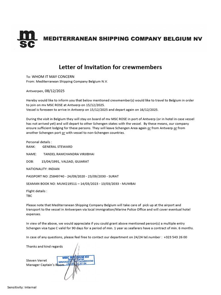 Invitation for Crewmember Visa Request | PDF