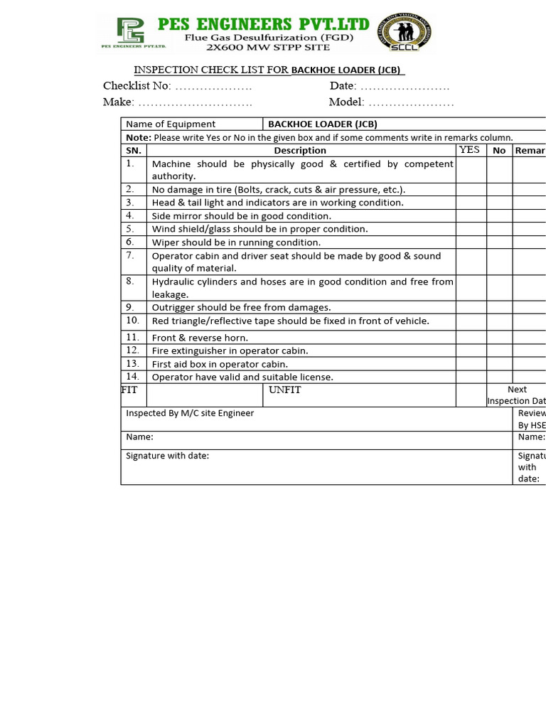 Backhoe Loader Inspection Checklist | PDF
