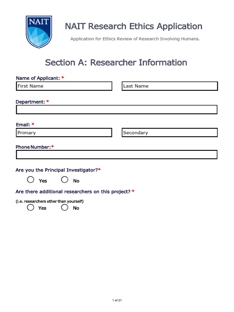 NAIT Research Ethics Application Form | PDF | Risk | Consent