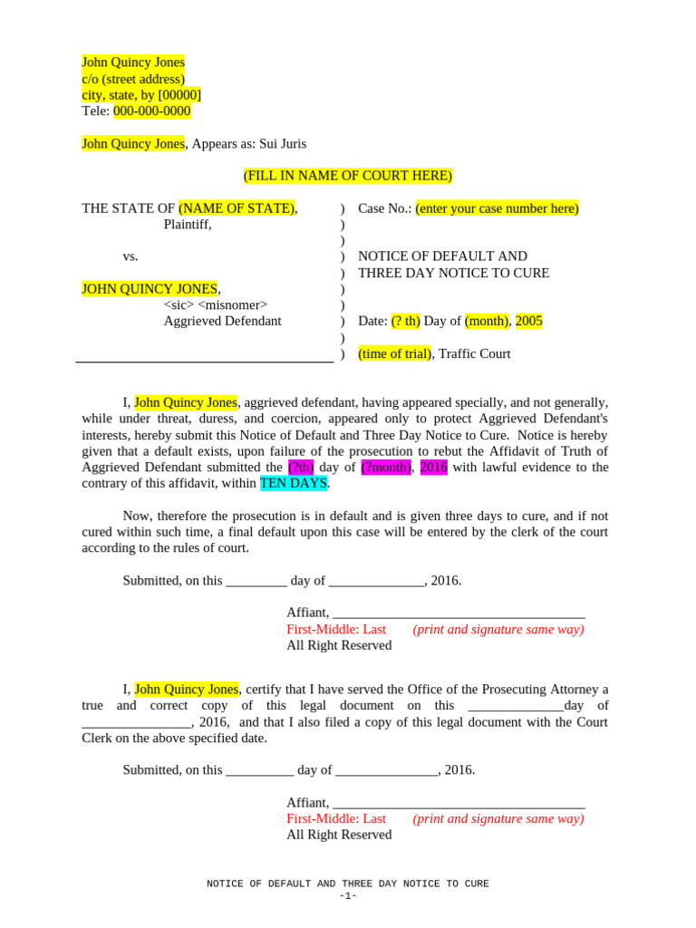 Default Notice and Cure Request Document | PDF | Affidavit | Justice