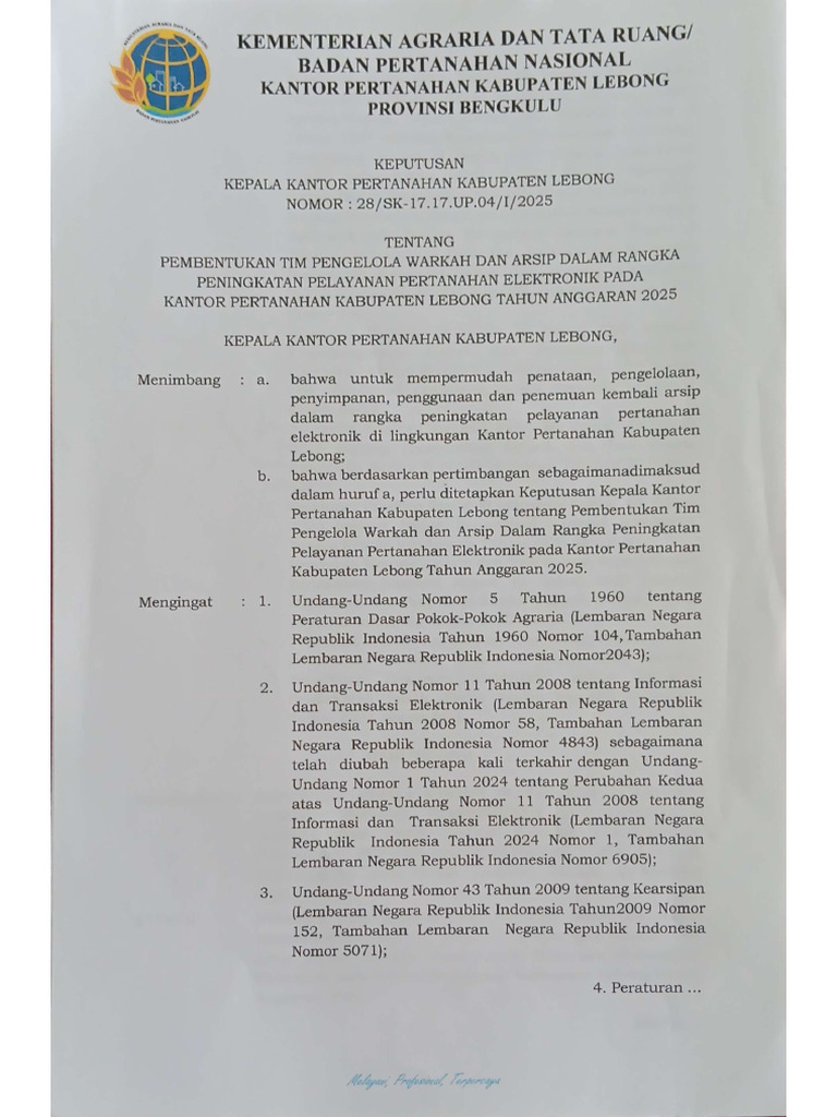 SK Pembentukan Tim Pengelola Warkah Dan Arsip | PDF