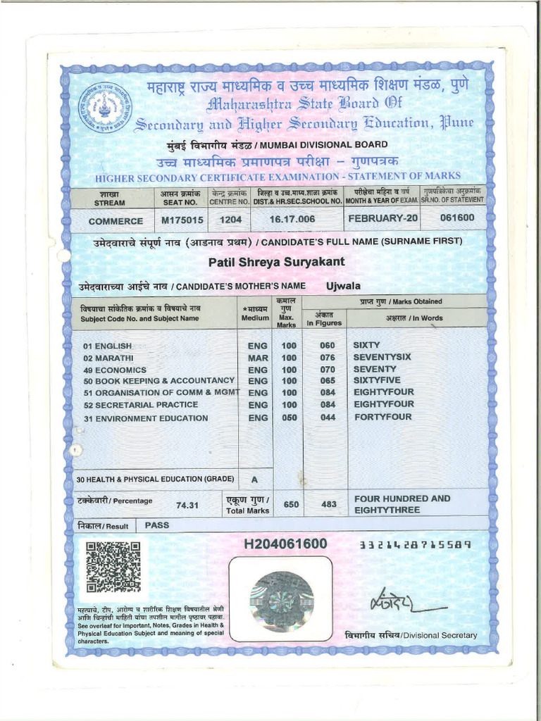 12th Marksheet | PDF