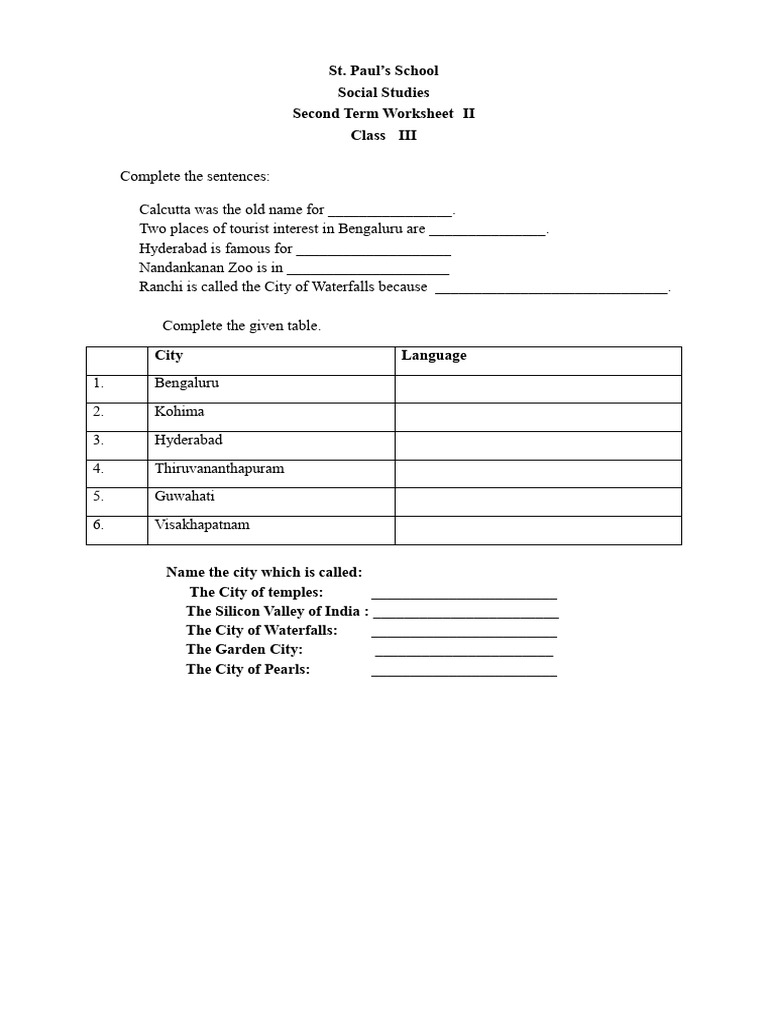 Class 3 SST Worksheet - Second Term - 2 | PDF
