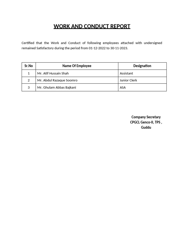 Employee Work and Conduct Report 2022-2023 | PDF