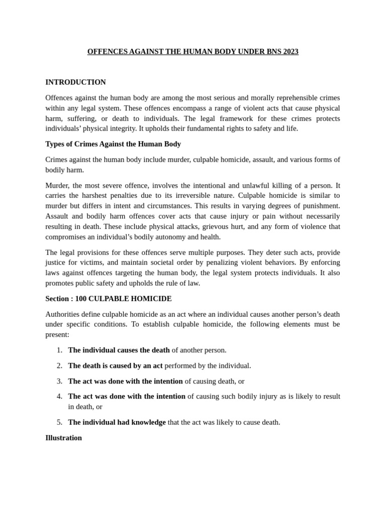 Offences Against The Human Body Under Bns 2023 | PDF | Murder | Crimes