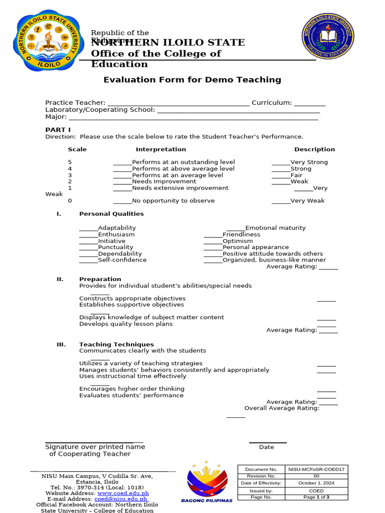 17.Evaluation Form for Demo Teaching NISU MCFoSR COED17 | PDF ...